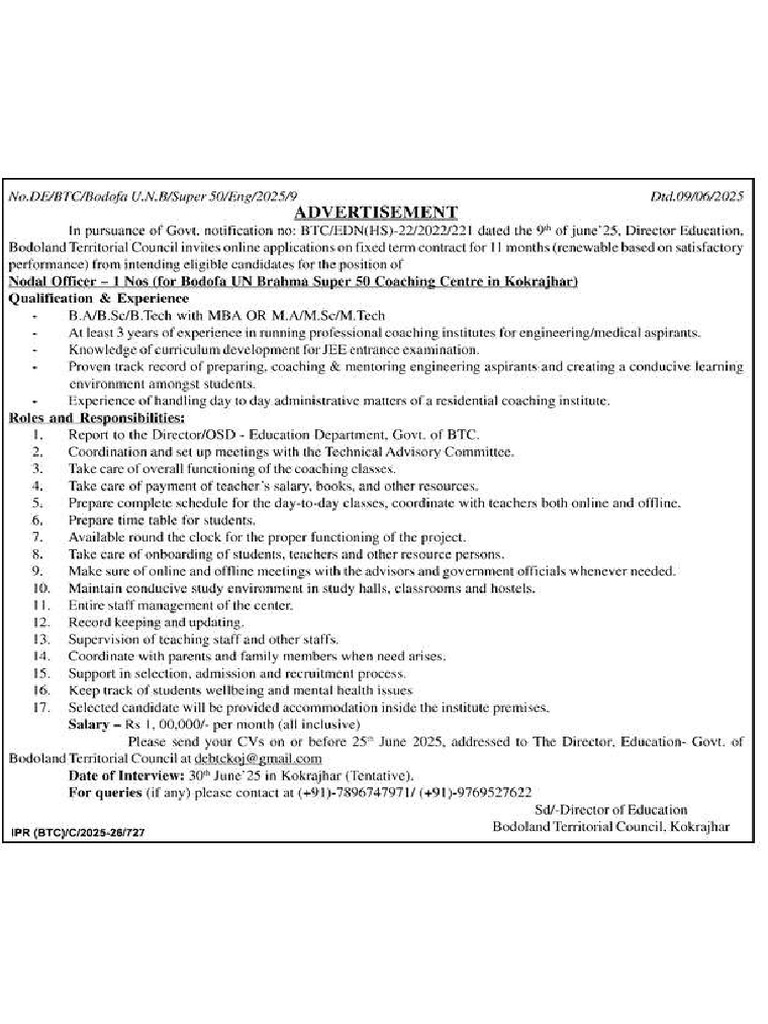 Bodofa Super 50 Recruitment 2025 For Nodal Officer | PDF