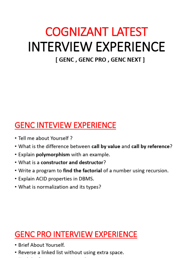 Cognizant Genc, Pro, Next Interview Experience PDF | PDF