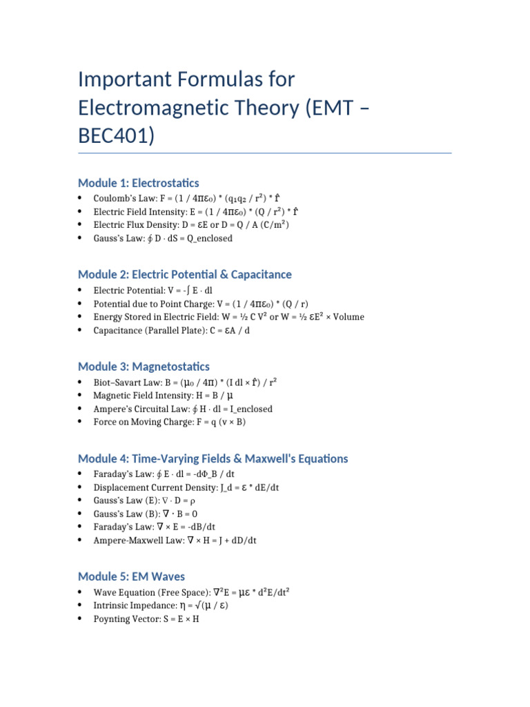 EMT Important Formulas | PDF