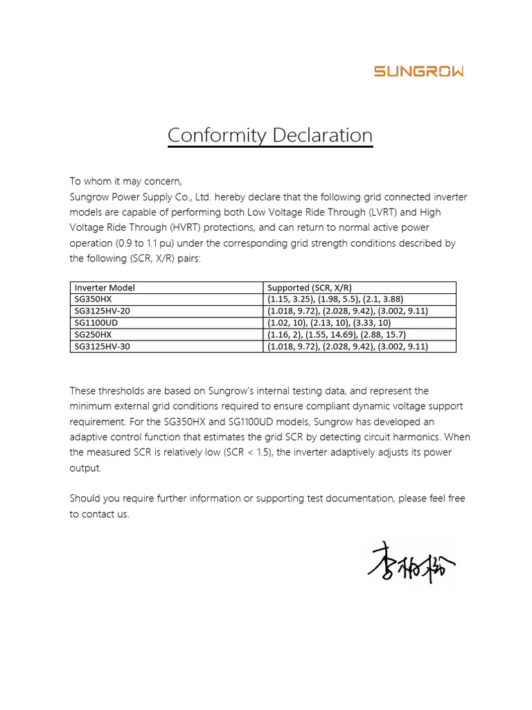 Sungrow Series Inverter SCR Declaration | PDF