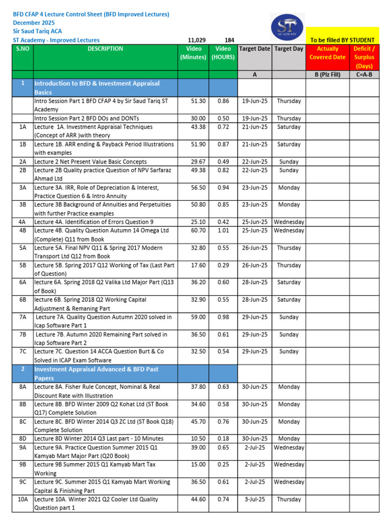 BFD 2025 Lecture Schedule by Saud Tariq | PDF | Capital Budgeting ...