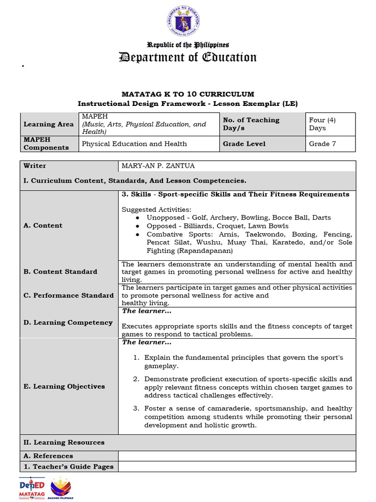 MAPEH Grade 7 Lesson Plan: Sports Skills | PDF | Precision Sports
