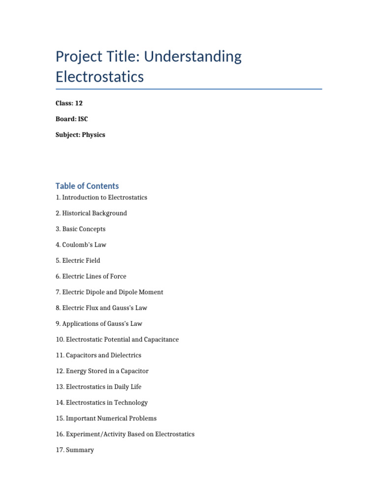 Electrostatics Project ISC | PDF | Capacitor | Electric Field