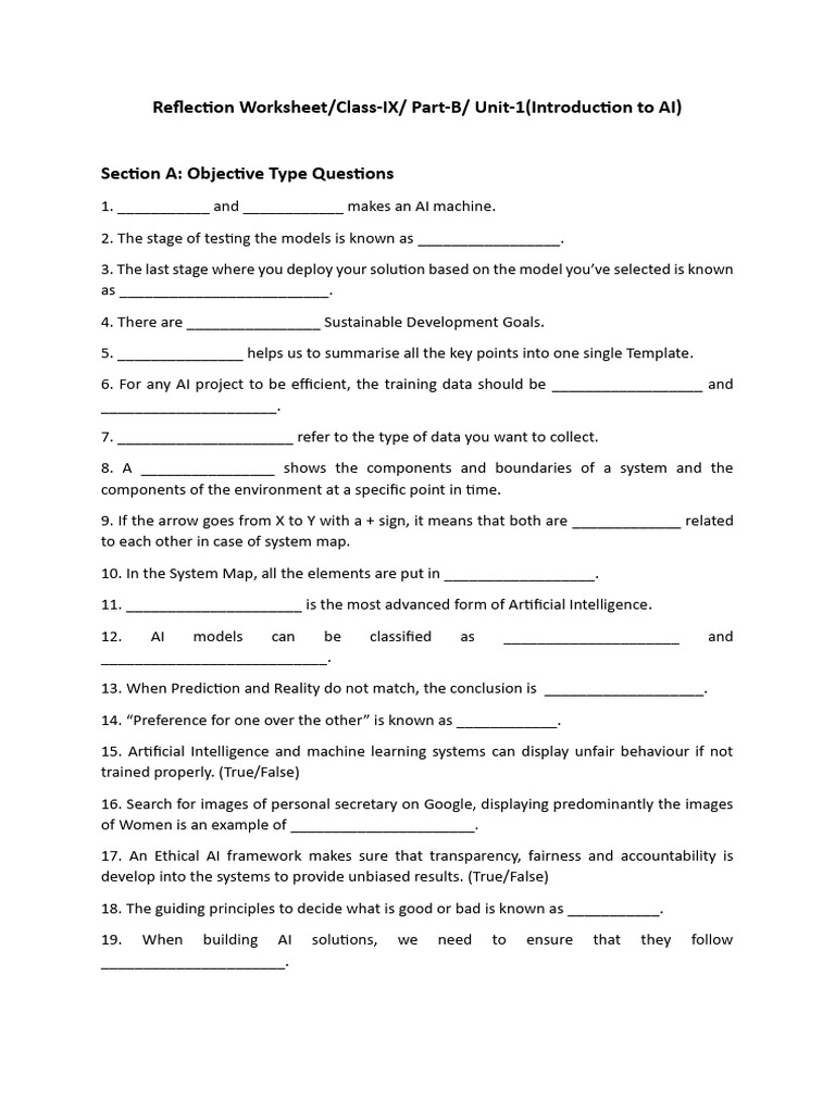 Class 9 Worksheet Part-B Unit-1 | PDF | Artificial Intelligence ...