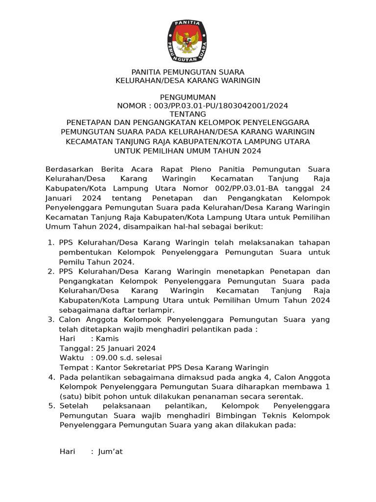 Format Pengumuman Pengangkatan Kpps | PDF