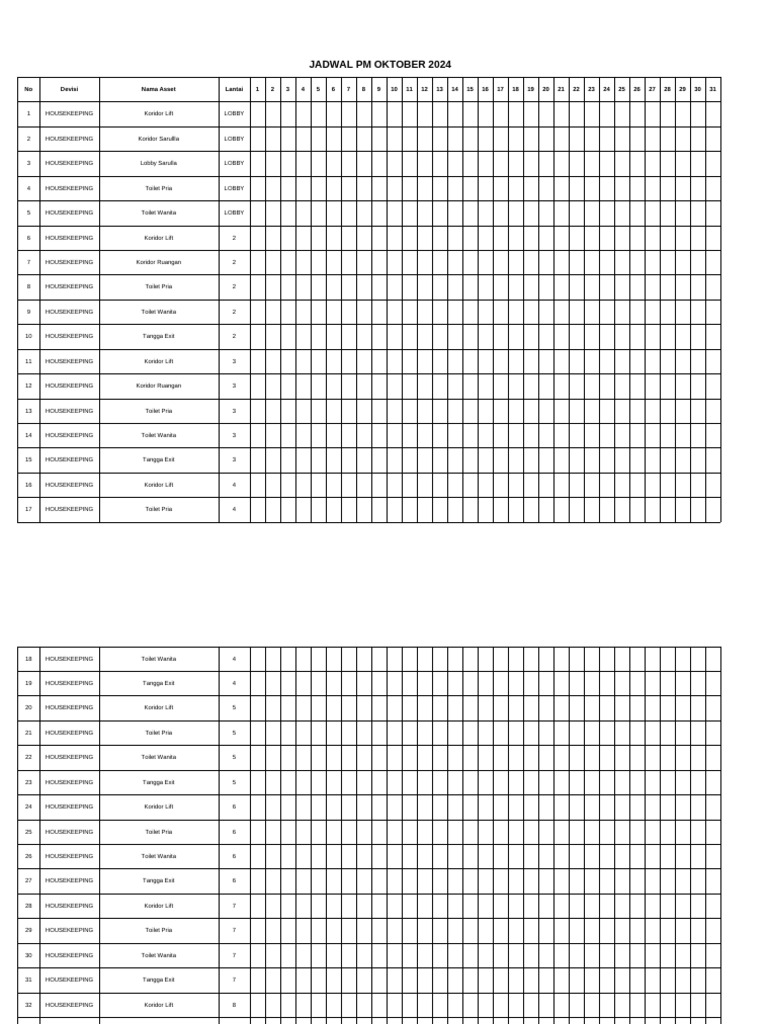 Jadwal PM Housekeeping Oktober 2024 | PDF