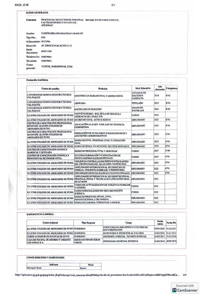 Numero de Proceso Cas 15-2025 Secretaria Judicial Yudith Melania Machaca Mamani | PDF
