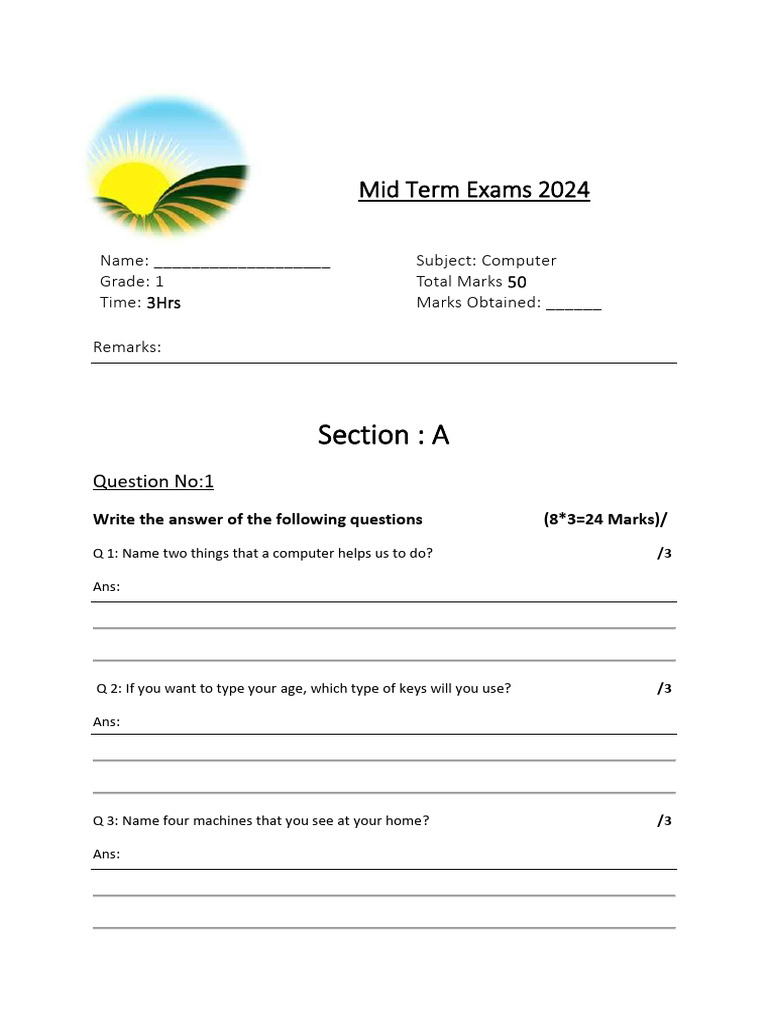 Grade 1 Computer Question Paper | PDF