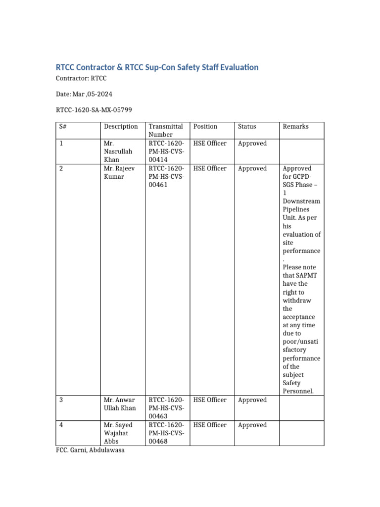 RTCC Safety Staff Evaluation Corrected | PDF