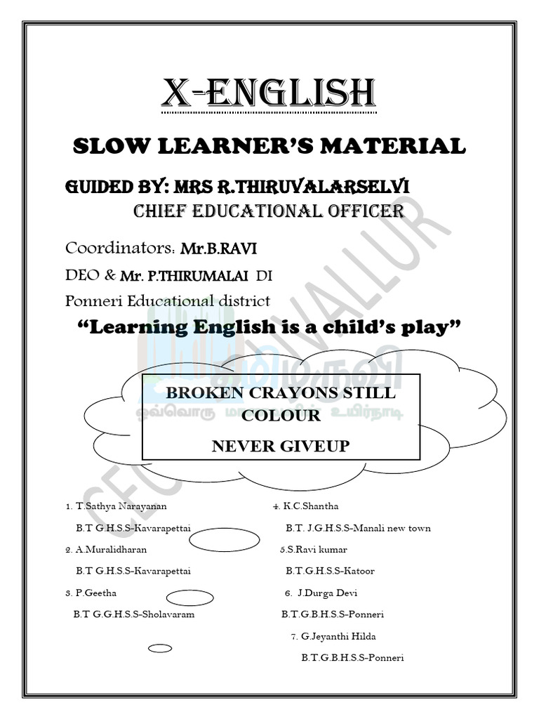 10th English Slow Learners Study Material CEO, Thiruvallur | PDF | Verb | Grammatical Tense