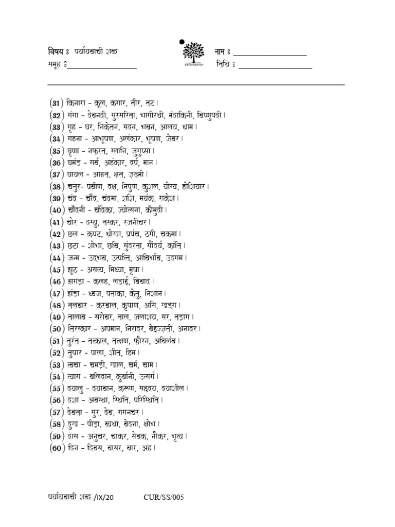 Hindi - Class Ix - Handout 21 Paryayvaachi Shabd 31-60 | PDF