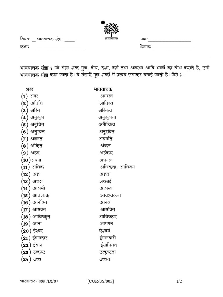Hindi - IX - Handout 07 Bhavachak Shabd | PDF