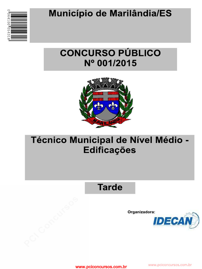 IDECAN - 2016 - Prova Tecnico Municipal de Nivel Medio - Edificacoes - Pref. MarilandiaES | PDF