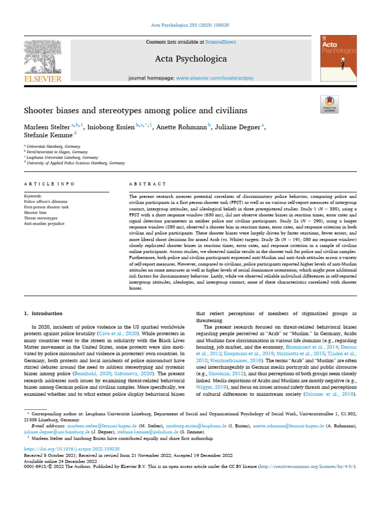 Shooter Biases and Stereotypes Among Police and Civili 2023 Acta ...