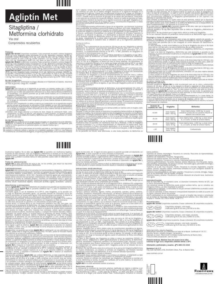 Agliptín Met: Sitagliptina / Metformina Clorhidrato | PDF | Drogas | Farmacología