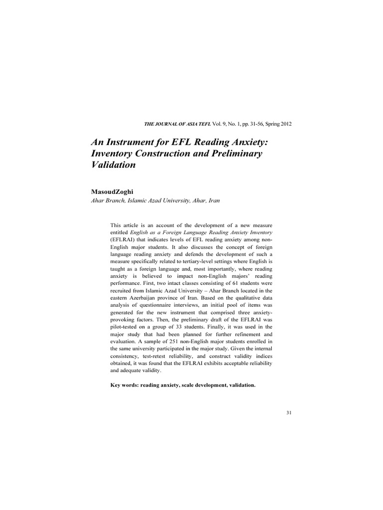 AsiaTEFL V9 N1 Spring 2012 An Instrument For EFL Reading Anxiety Inventory Construction and ...