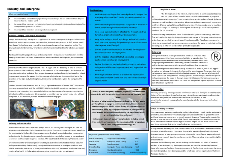 AQA Unit 1 Industry-and-Enterprise-learning-mat | PDF | Automation | Fair Trade