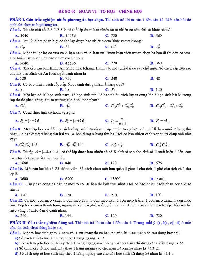 04- Đề Bài 24 Hoán Vị Chỉnh Hợp - Toán 10 Kntt- Đề 02.Đa | PDF