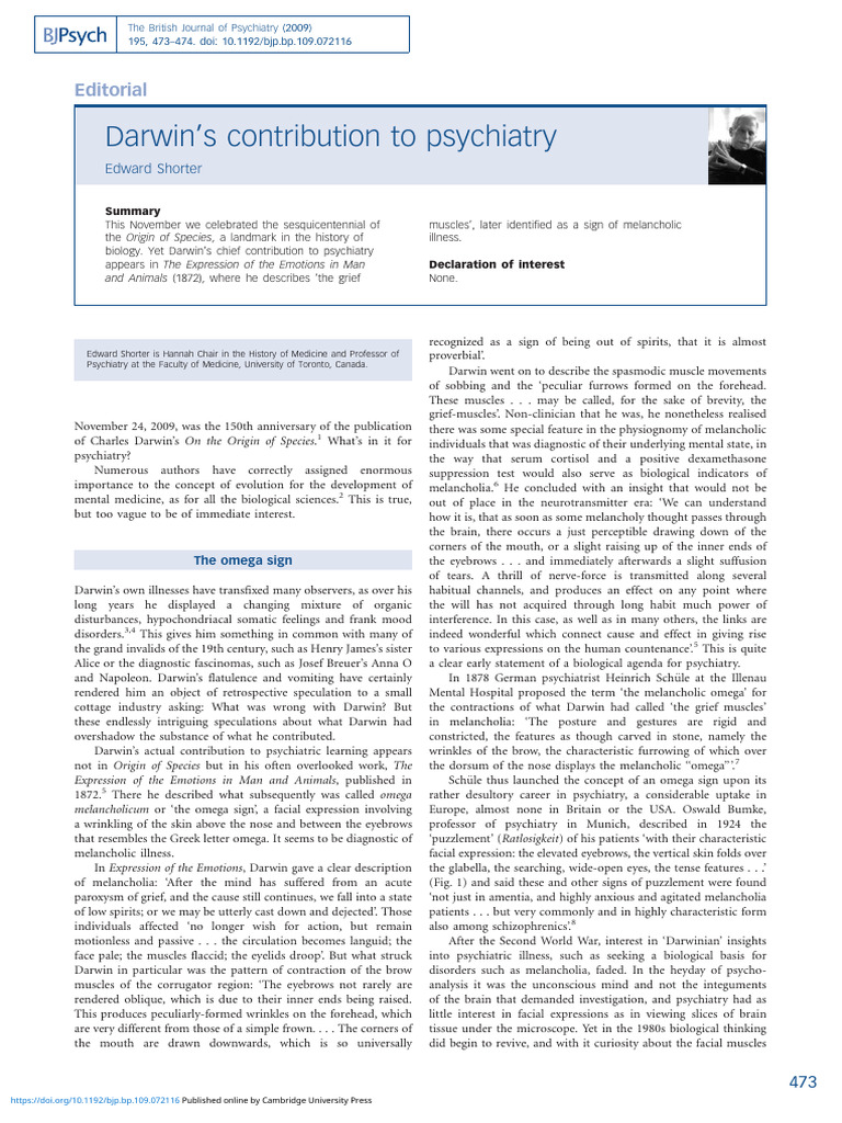 Darwins Contribution To Psychiatry | PDF | Psychiatry | Mental Health