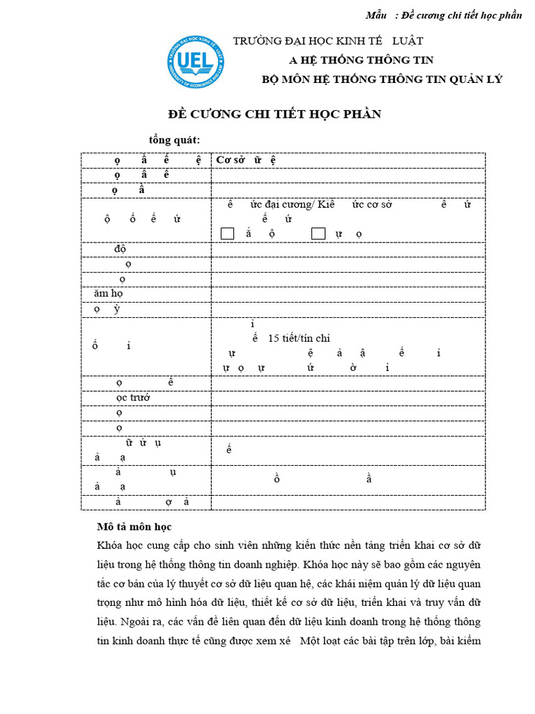 De Cuong Chi Tiet Hoc Phan Database - 3 Tin Chi | PDF