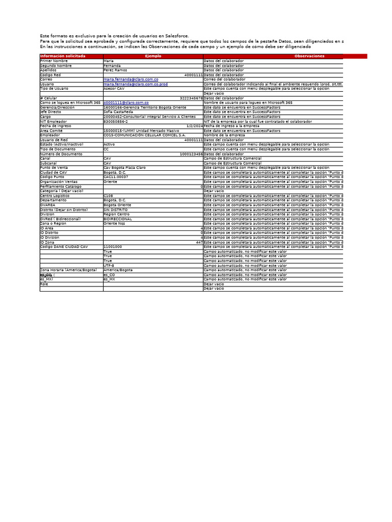 Formato Creacion Usuarios Salesforce v1 | PDF | Bogotá | Empresas de ...