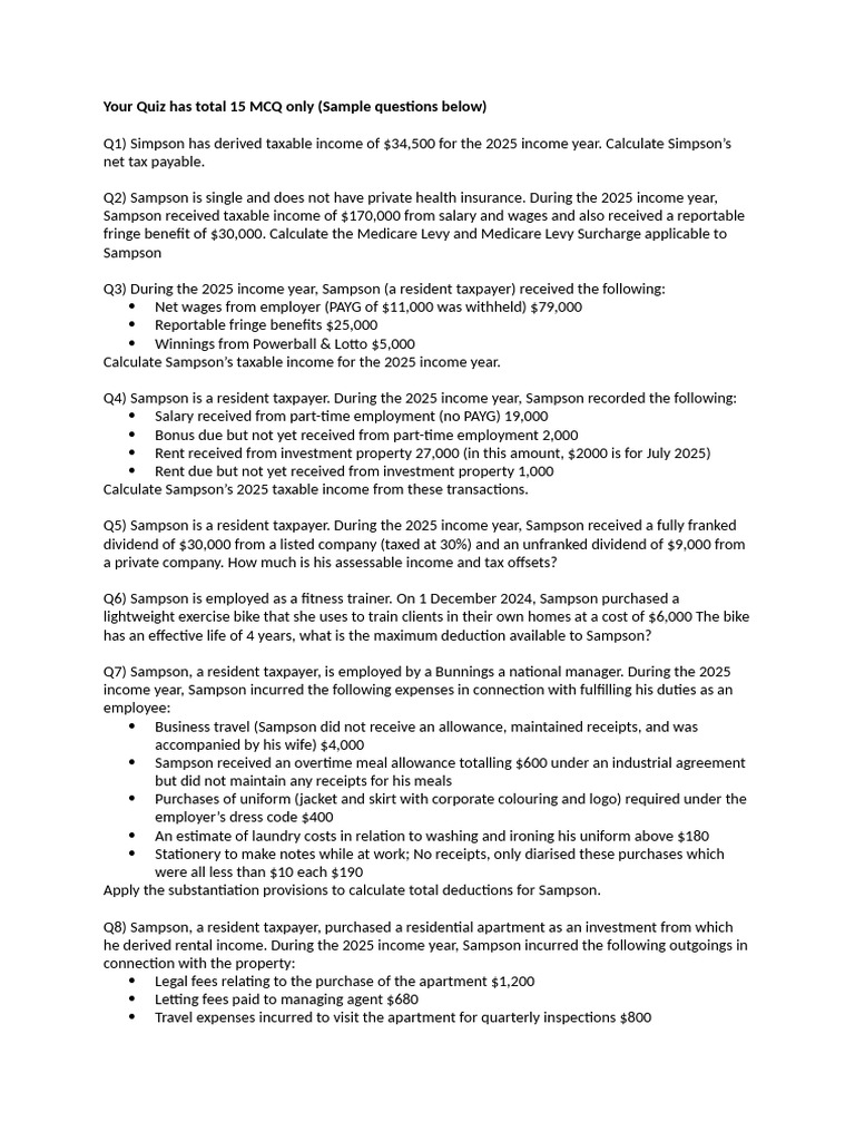 Quiz Practice Questions T1 2025 | PDF | Tax Deduction | Taxation