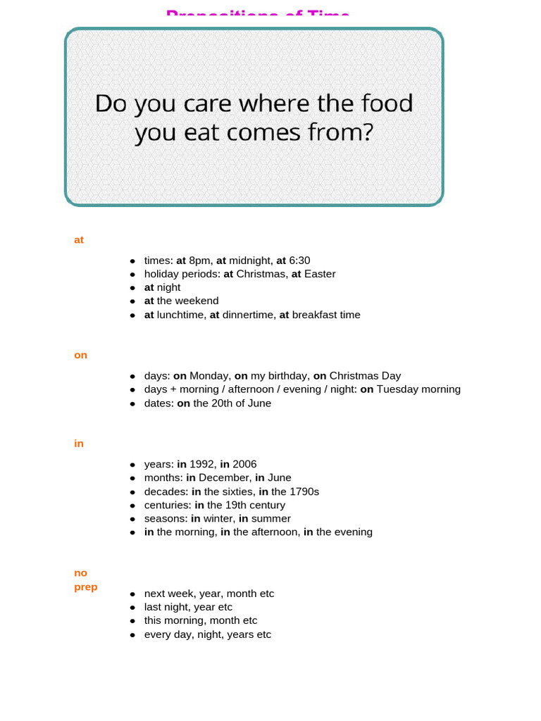 Prepositions of Time and Place Guide | PDF | Observances | Holidays