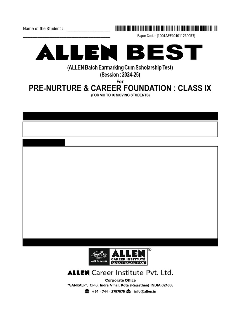 Allen Class 9 Scholarship Test Paper 2024-25 | PDF | Acceleration | Atoms