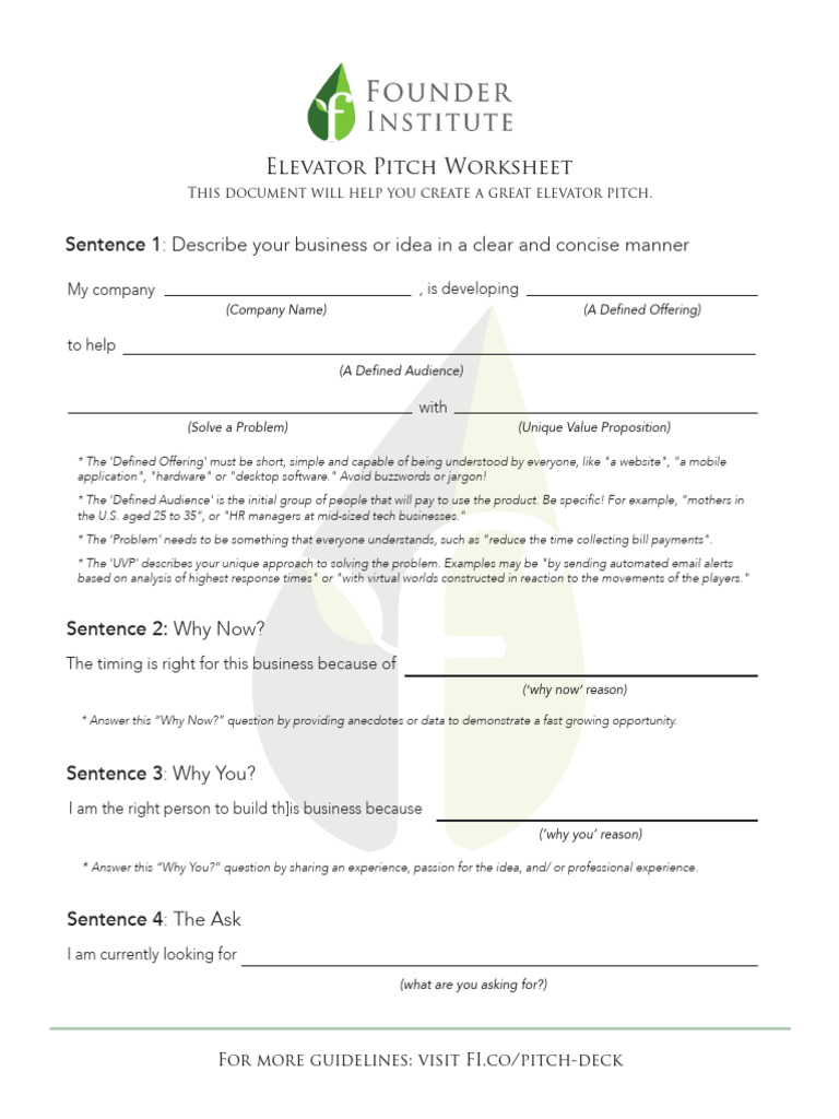 FI Elevator Pitch Worksheet v1 | PDF