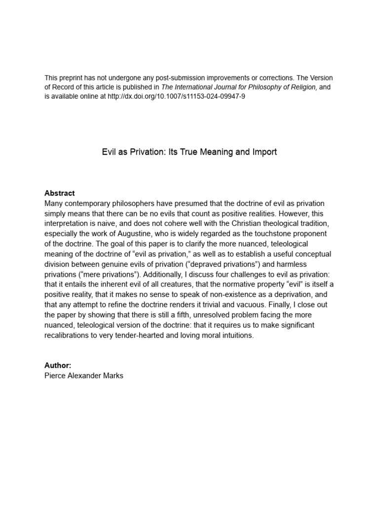 Evil As Privation Its True Meaning and I | PDF | Evil | Augustine Of Hippo