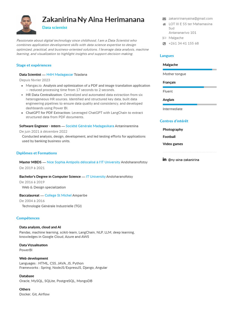 CV - EN - Zakanirina - Ny Aina Herimanana | PDF | Data Science | Computing