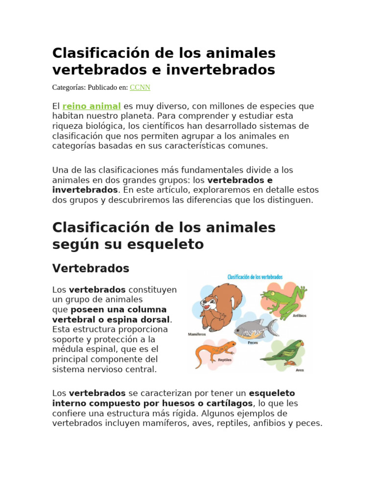 Clasificación de Vertebrados e Invertebrados | PDF | Vertebrados ...