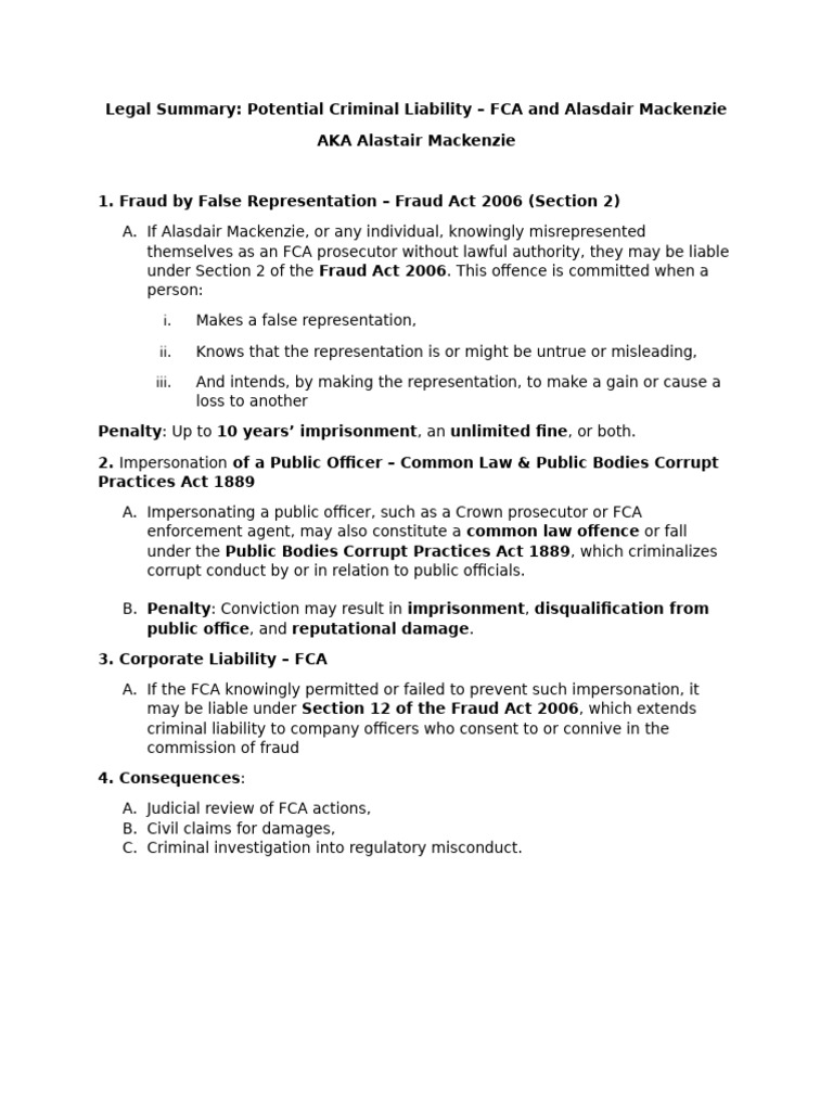 Potential Criminal Liability - FCA and Alasdair Mackenzie AKA Alastair ...