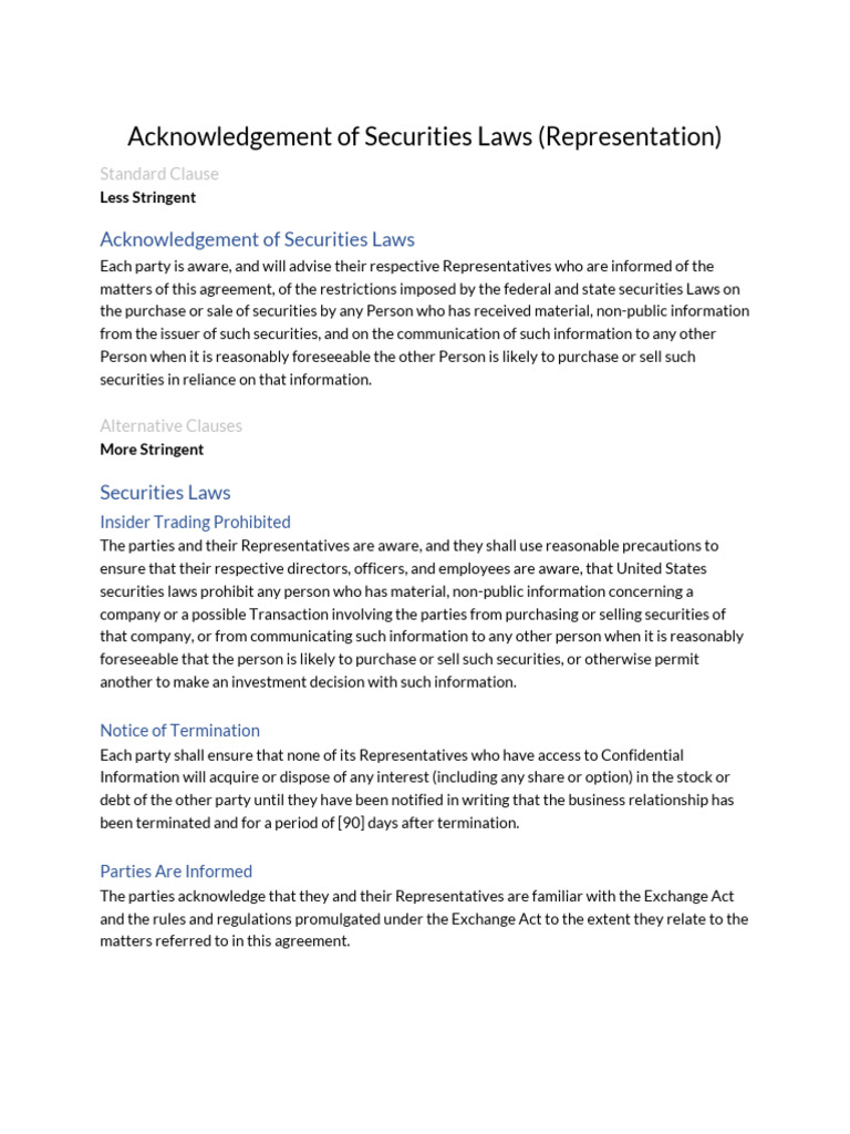 Acknowledgement of Securities Laws (Representation) | PDF