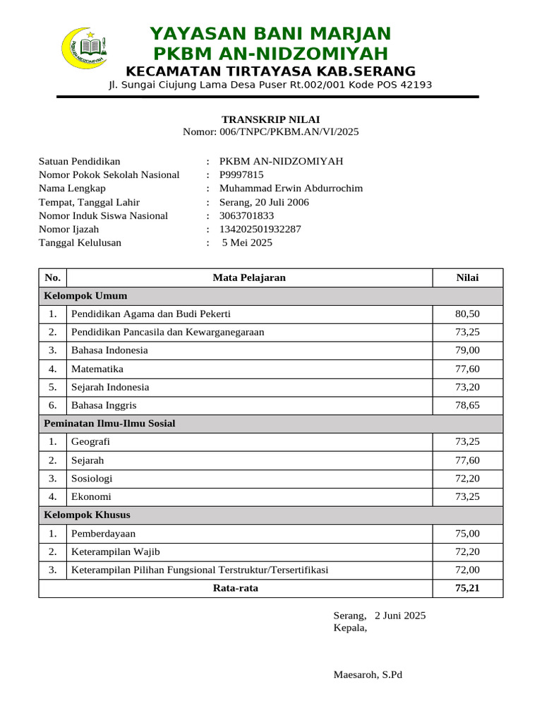 Contoh Format Transkrip Nilai | PDF