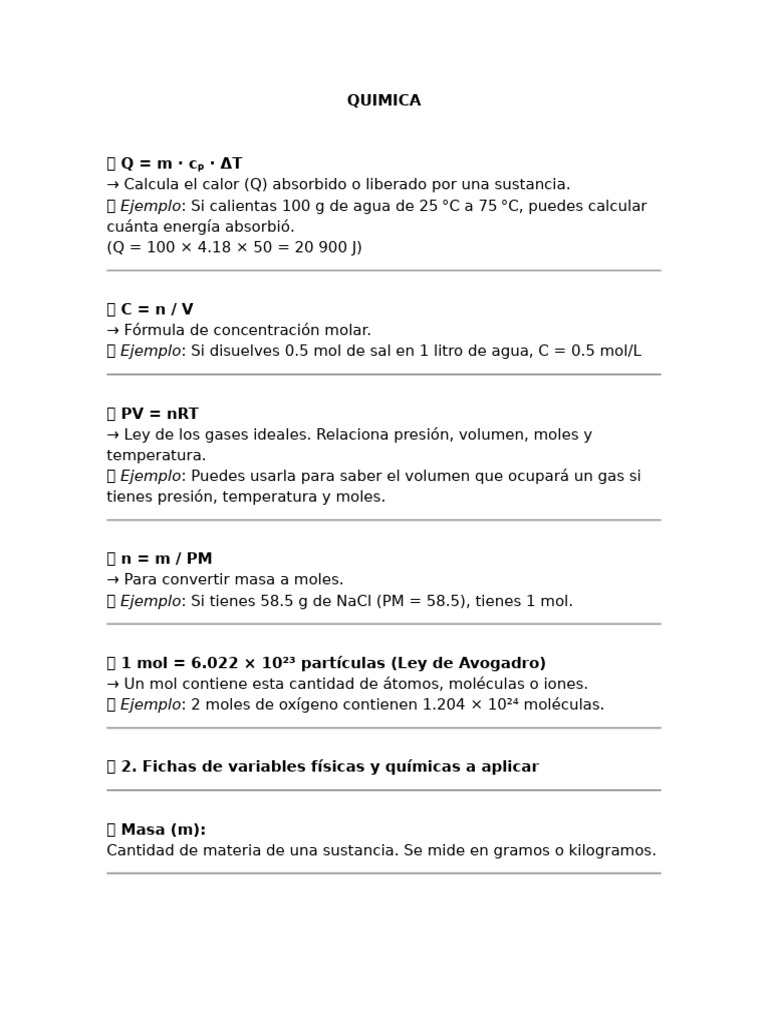Fórmulas y Conceptos Clave en Química | PDF | Mole (Unidad) | Calor