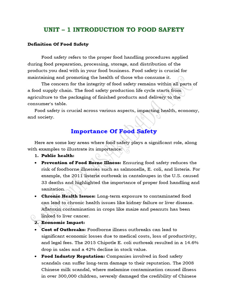 Unit - 1 Introduction To Food Safety | PDF | Food Safety | Toxin