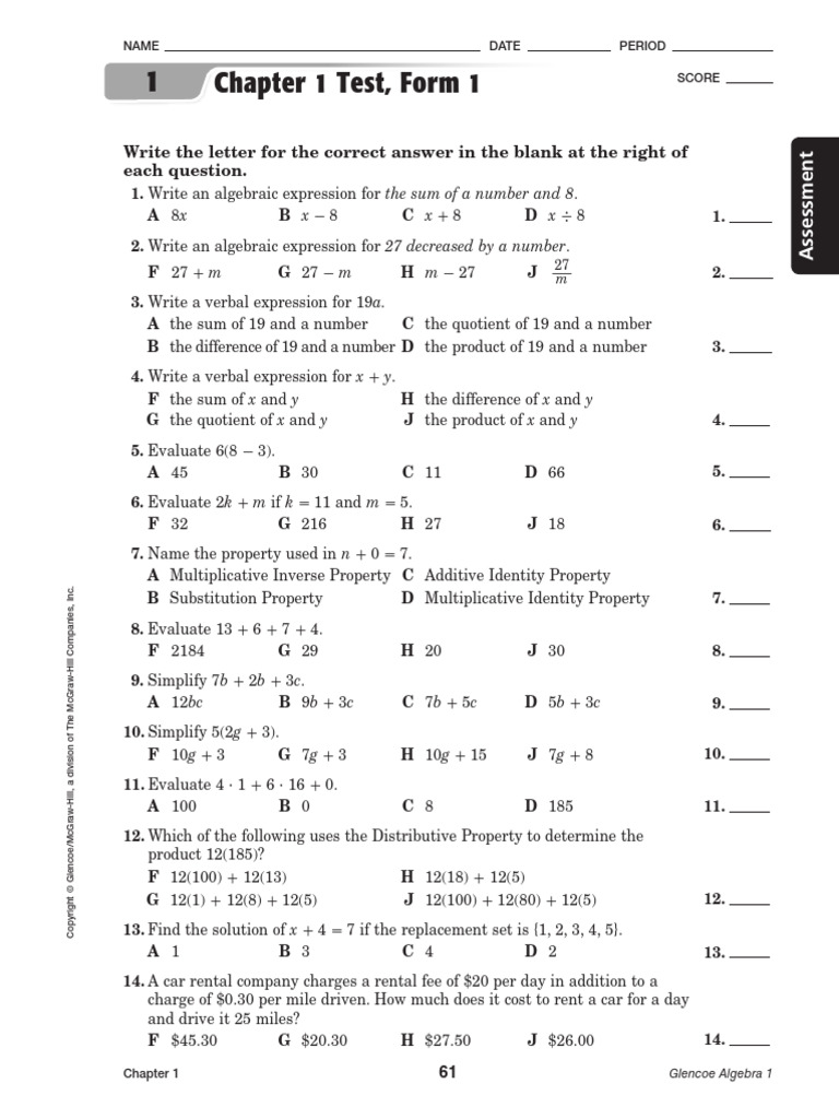 Algebra 1 Chapter 1 Assessment | PDF | Multiplication | Numbers
