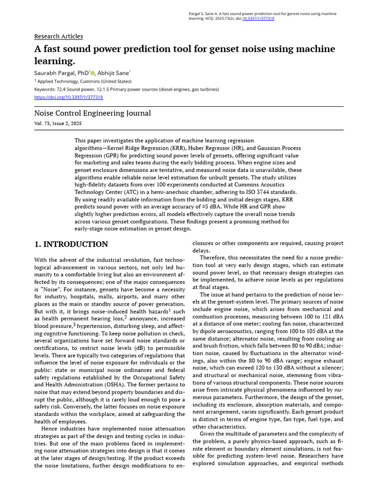 A Fast Sound Power Prediction Tool For Genset Noise Using Machine ...