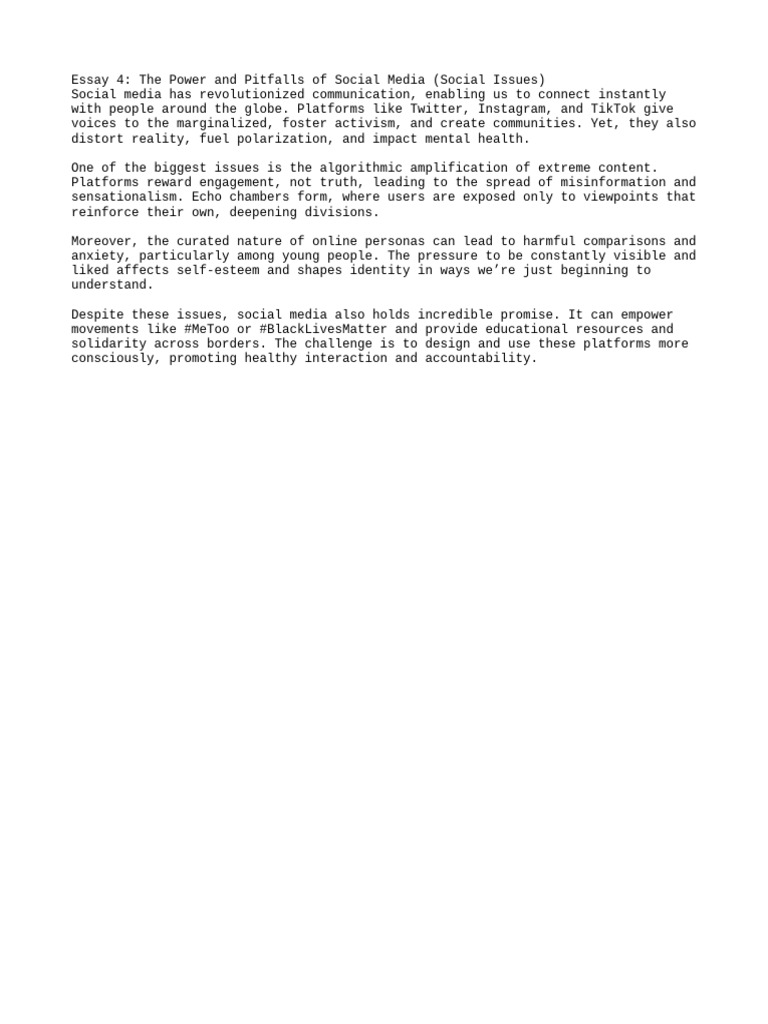 Essay 4 - The Power and Pitfalls of Social Media (Social Issues) | PDF