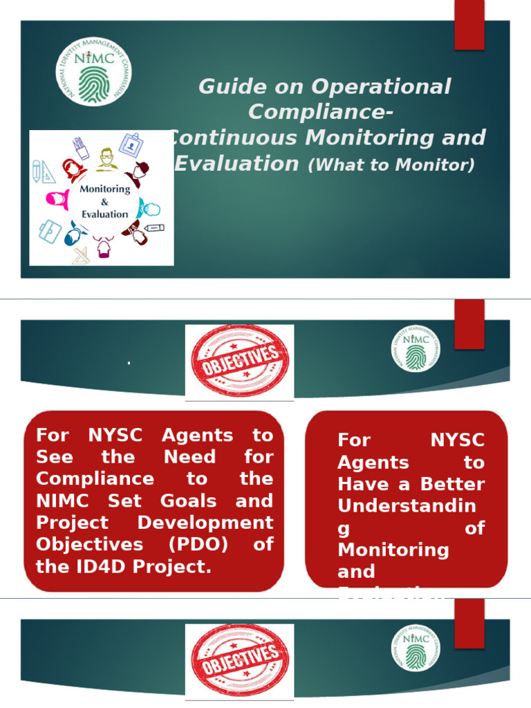 Monitoring and Evaluation Presentation For NYSC Training 2025 | PDF | Regulatory Compliance ...