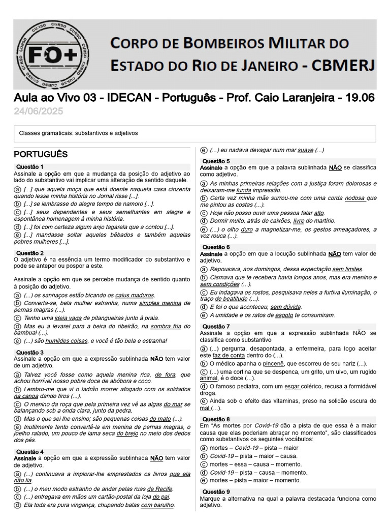Aula Ao Vivo 03 - IDECAN - Português - Prof. Caio Laranjeira - 19.06 | PDF | Adjetivo | Linguística