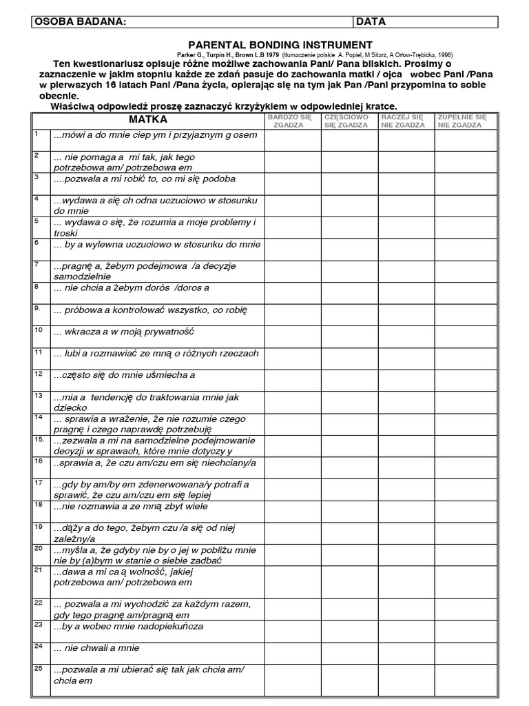 PBI Parental Bonding Instrument-Kwestionariusz | PDF