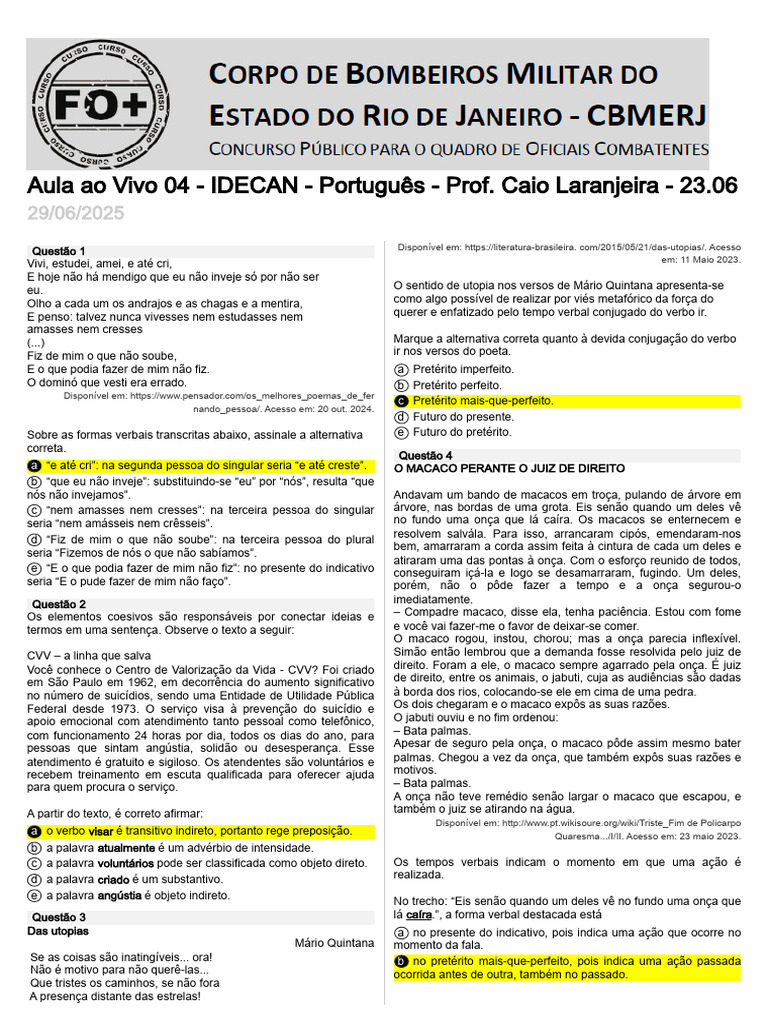 Aula Ao Vivo 04 - IDECAN - Português - Prof. Caio Laranjeira - 23.06 - Gabarito | PDF ...