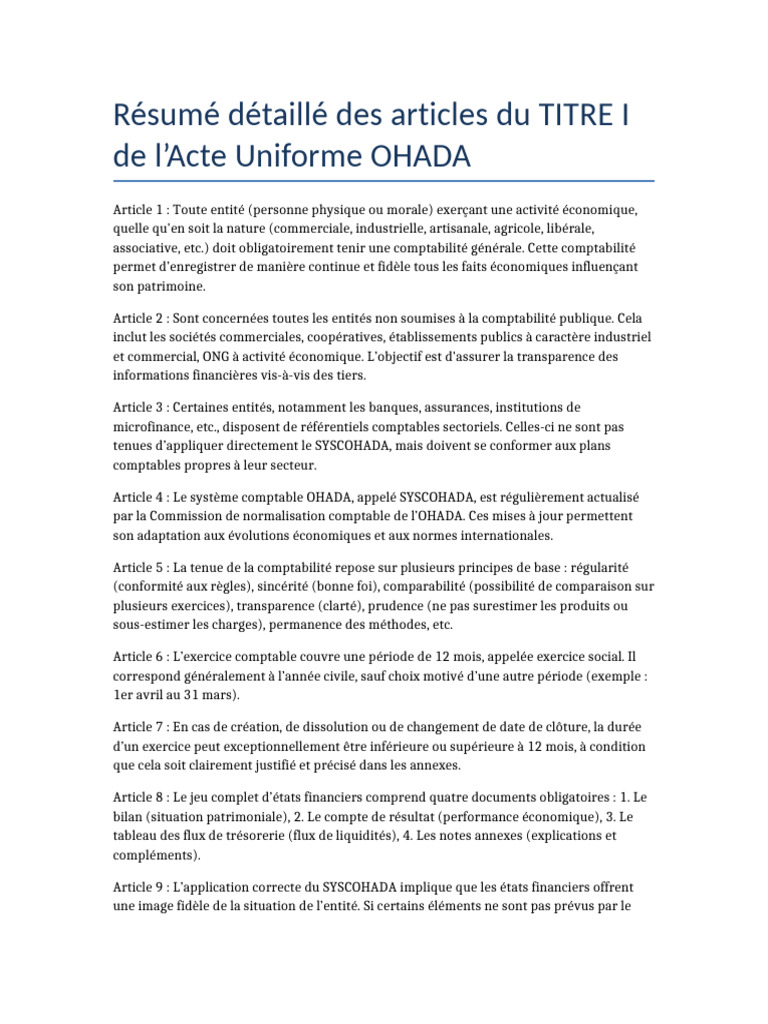 Resume Titre I OHADA Complet | PDF | Comptabilité | Comptabilité analytique