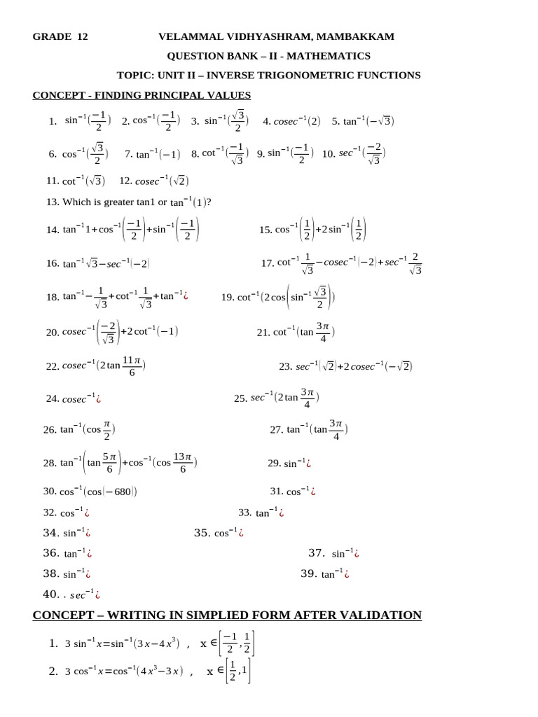Question Bank On Inverse Trigonometric Functions | PDF | Trigonometric ...
