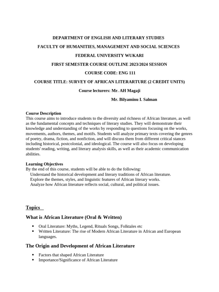 ENG 111: African Literature Course Outline | PDF | African Literature ...