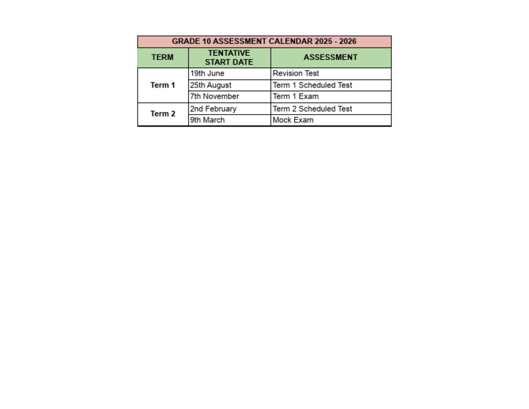 Grade 10 Assessment Calendar 2025-2026 | PDF