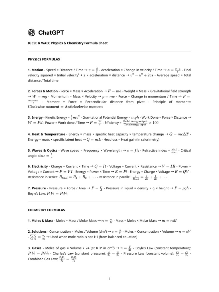 Chem Physics Formula Sheet | PDF | Gases | Force