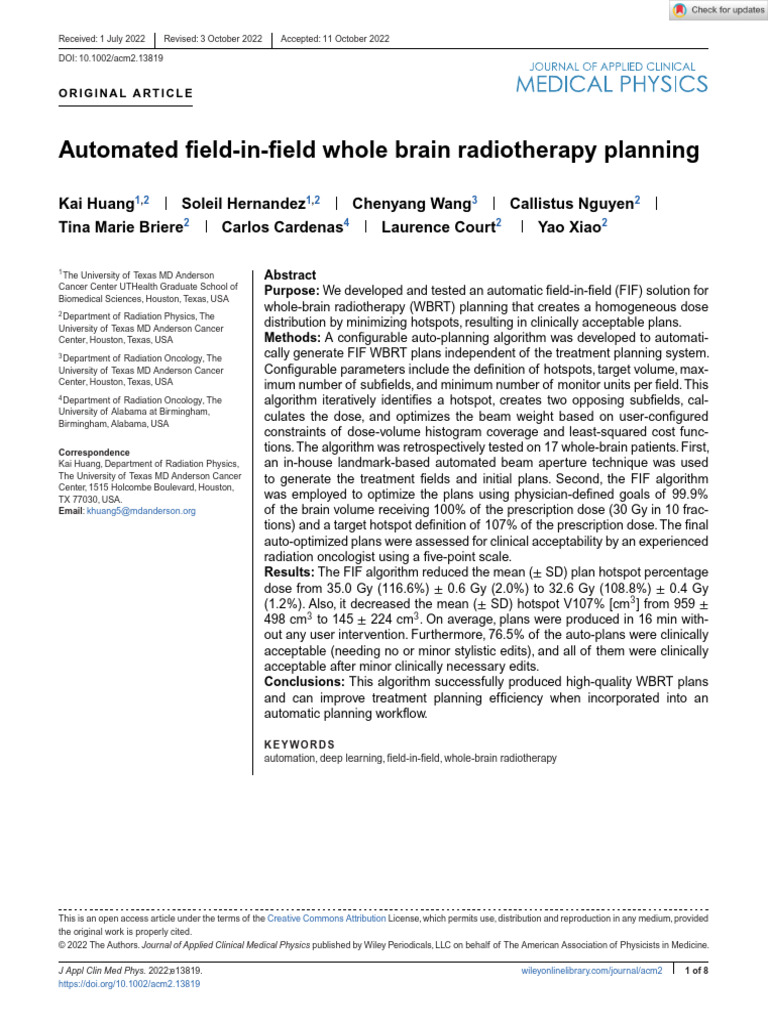 J Applied Clin Med Phys - 2022 - Huang - Automated Field in Field Whole Brain Radiotherapy ...